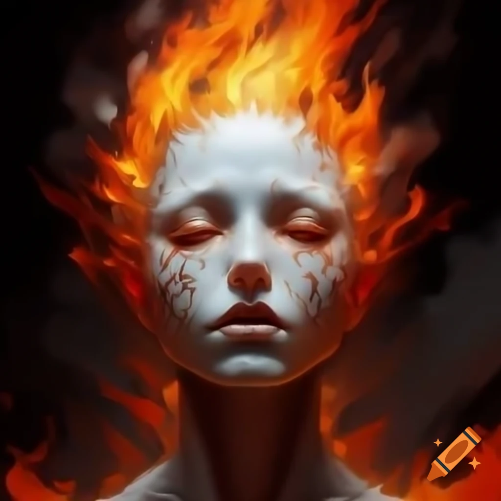 Abstract figure with face engulfed in flames on Craiyon