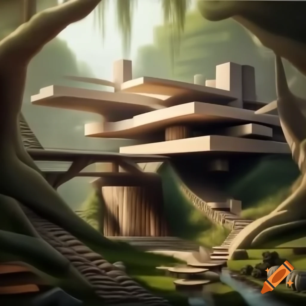 Organic architecture with interconnected treehouses in a lush Sumerian ...