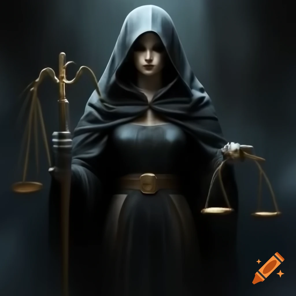 Mysterious figure of Lady Justice in hooded cloak holding scales on Craiyon