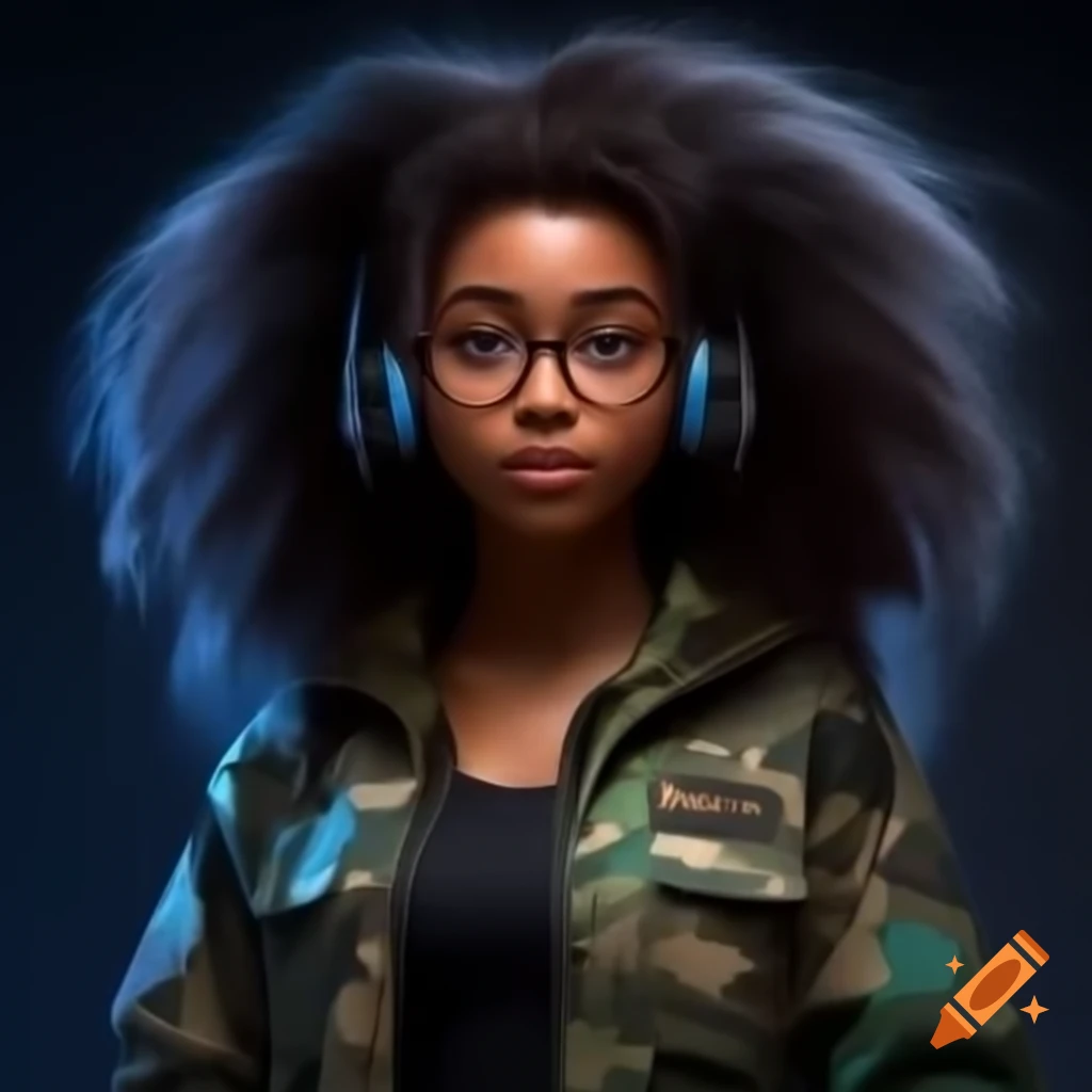 20-year-old woman gamer with frizzy hair in cyberpunk camo duster on ...