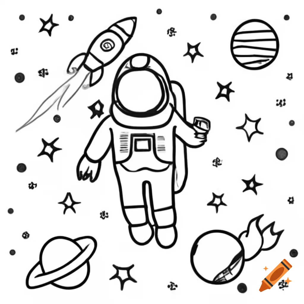 Line drawing of astronaut animal in space among stars and planets on ...