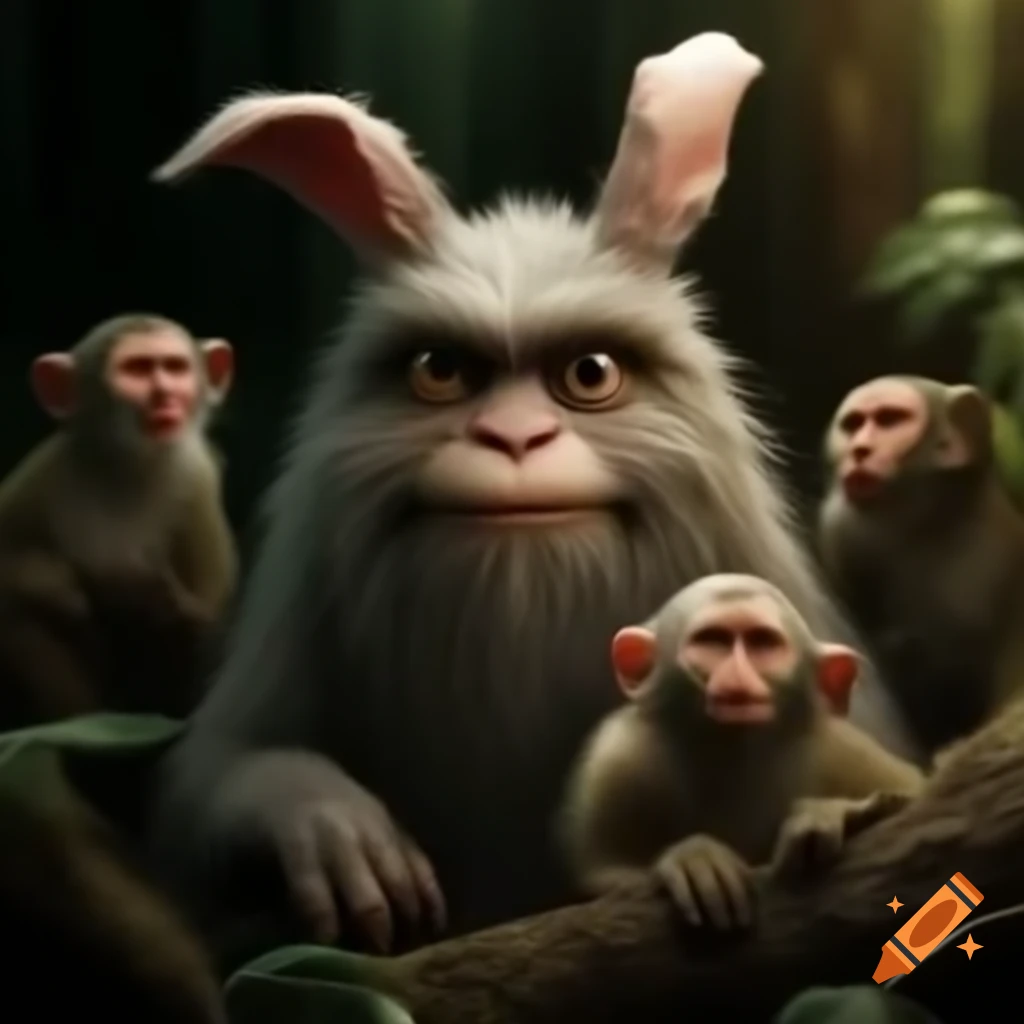 Fantasy monster with rabbit face and monkey body in a dark forest on ...