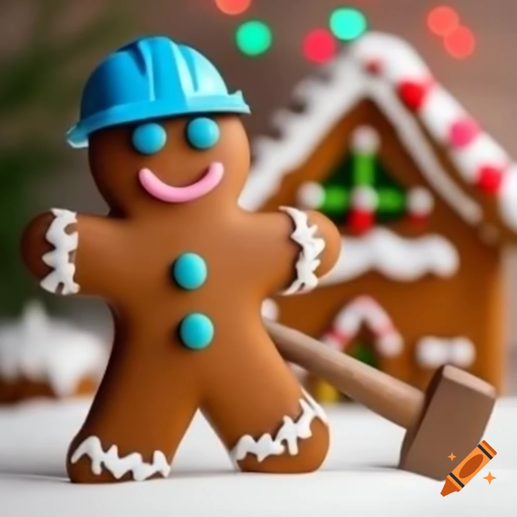 Gingerbread man with blue hard hat and hammer near gingerbread house on ...