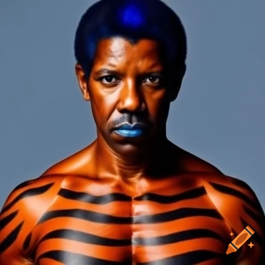 Muscular figure resembling Denzel Washington with tiger-style makeup ...