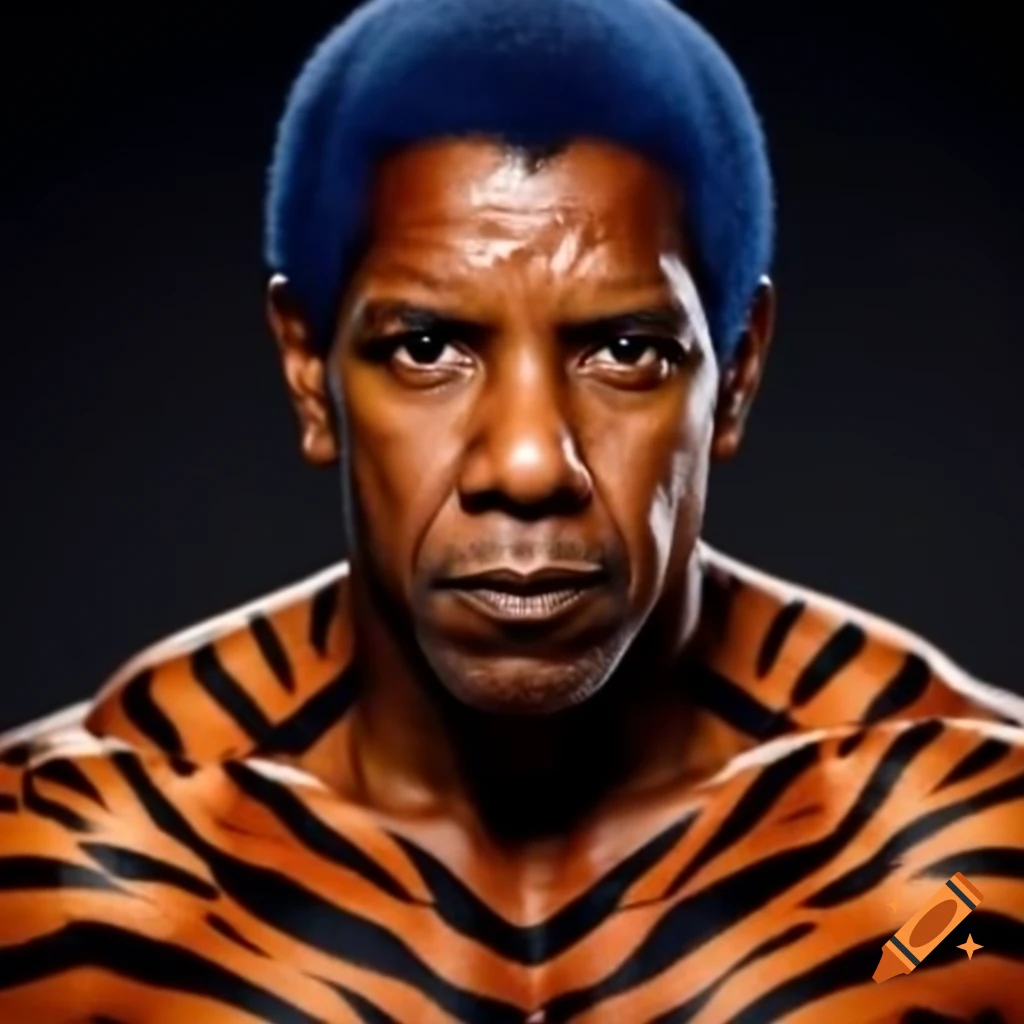 Muscular figure with tiger-style makeup, blue hair and orange skin ...