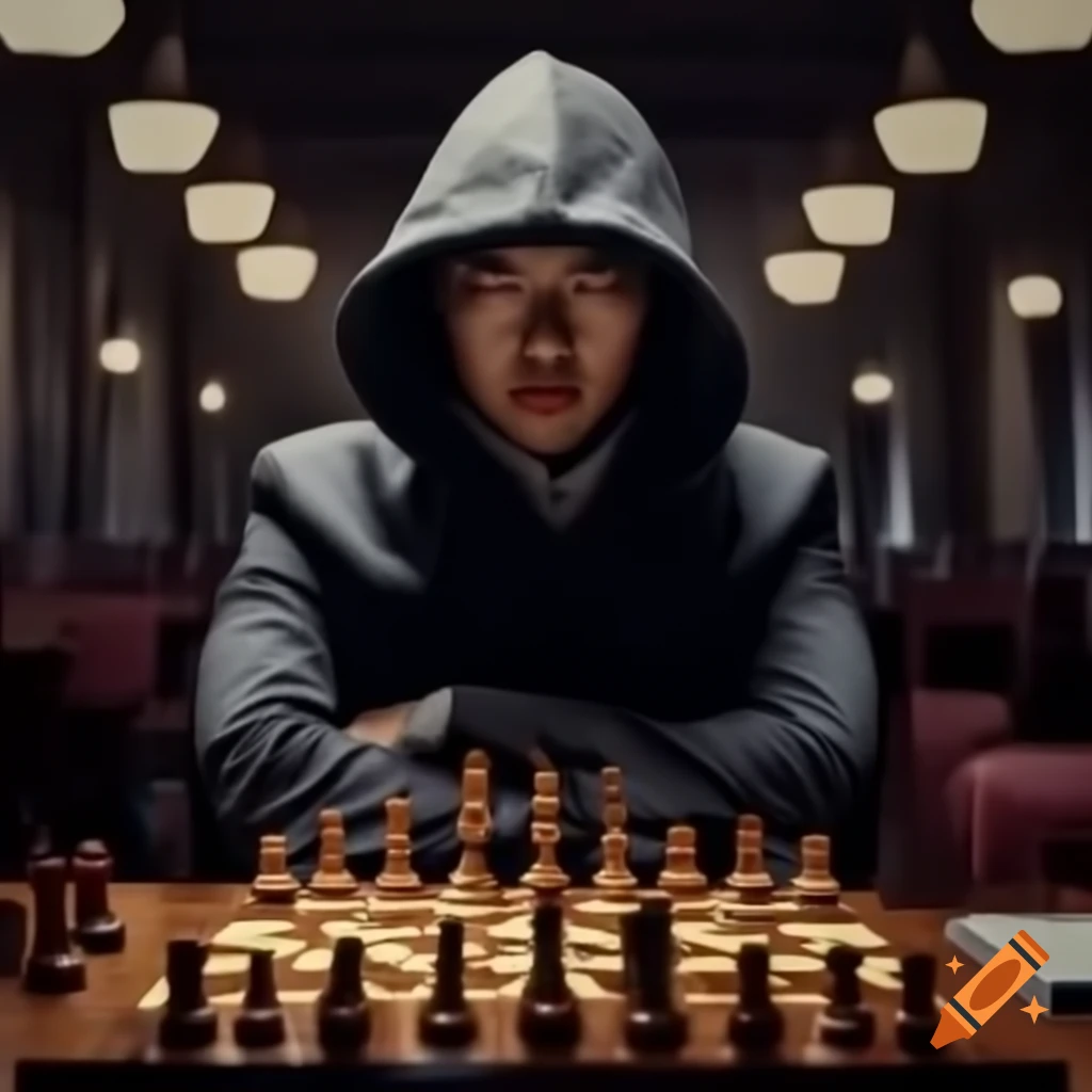 Hooded chessmaster in dimly lit parlor setting on Craiyon