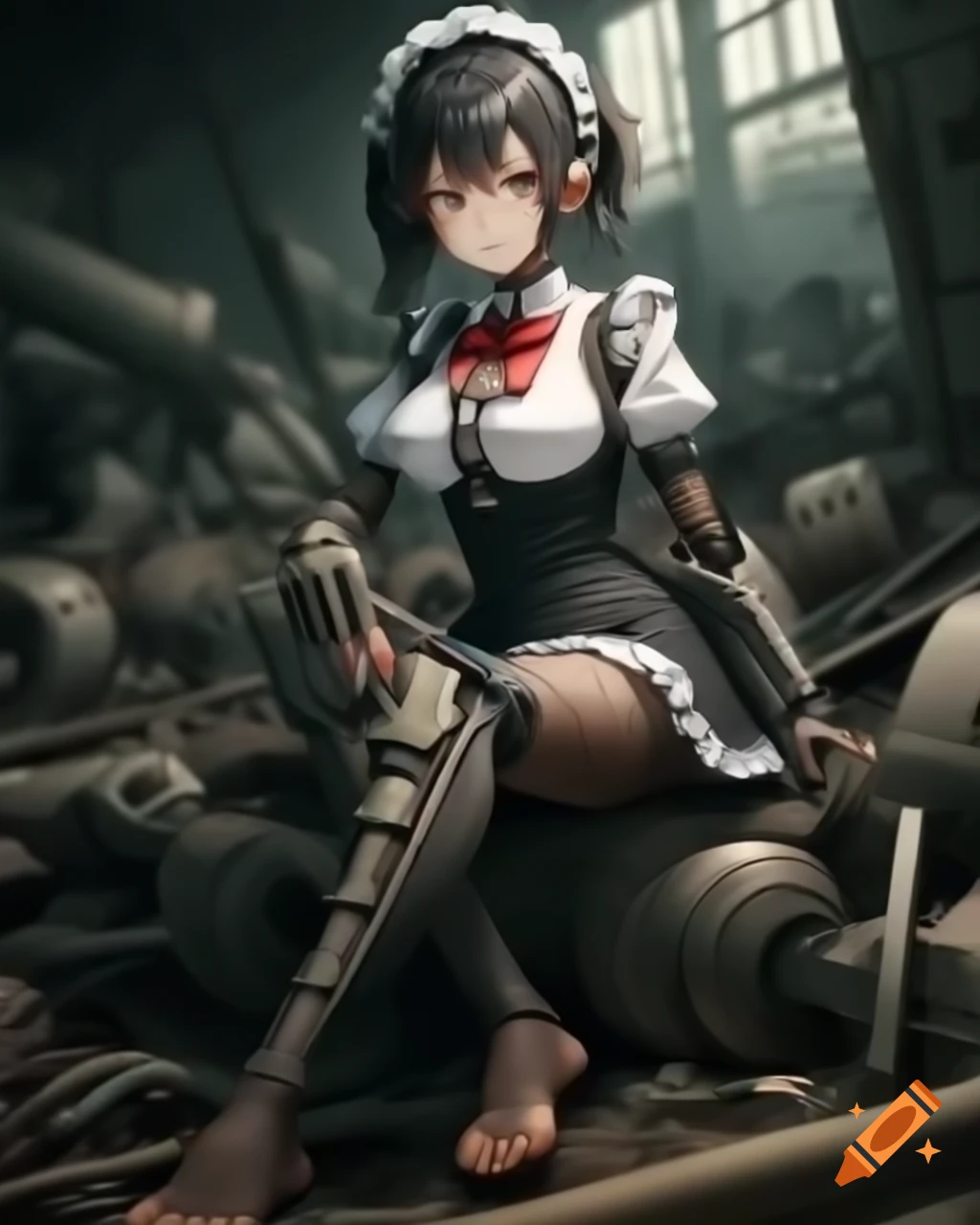 Futuristic anime girl with robotic arms in maid uniform sitting in ...