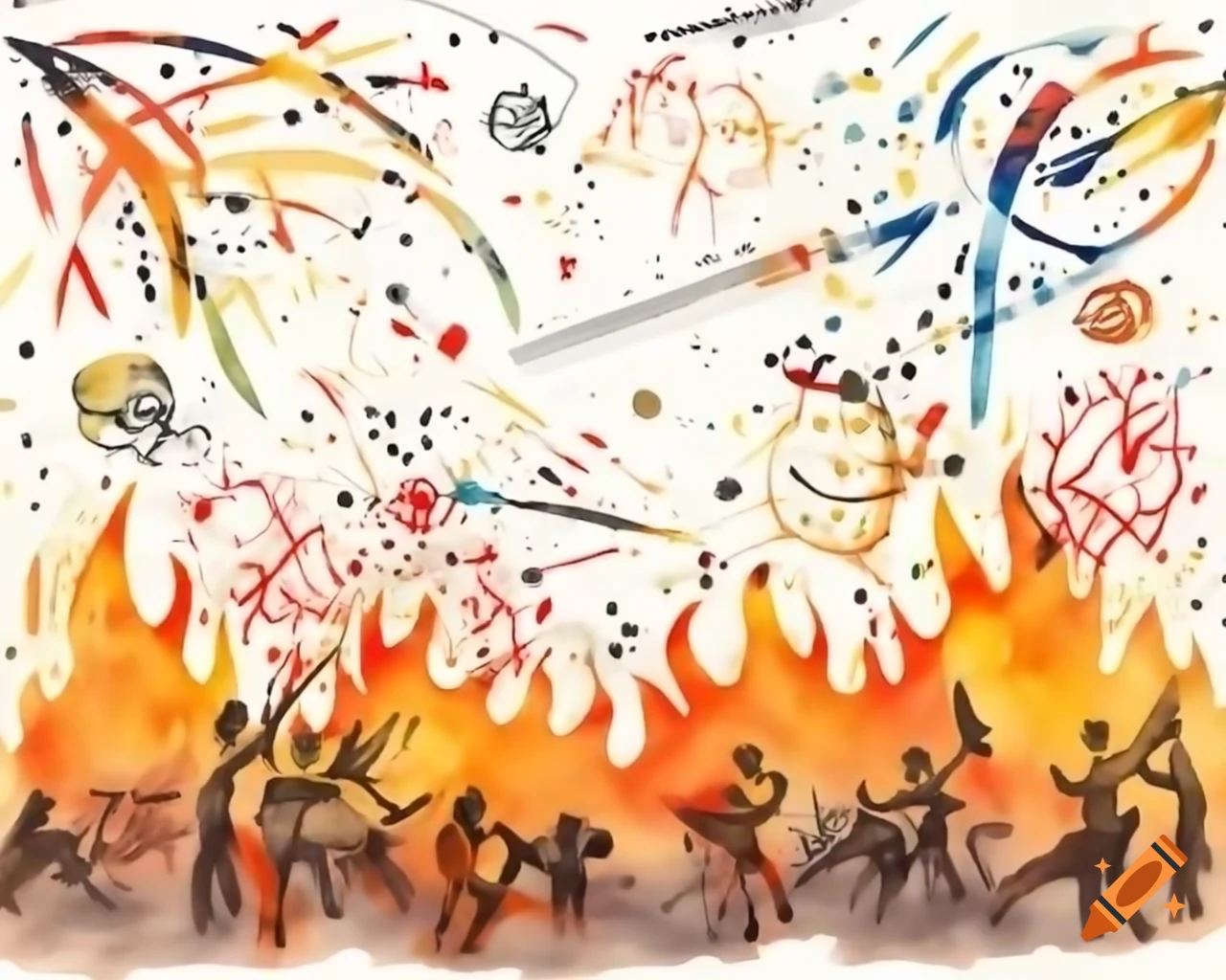 Abstract depiction of battlefield sky in Jackson Pollock style on Craiyon