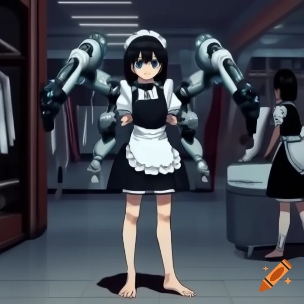 Futuristic anime girl with robotic arms in maid uniform, displayed in a ...
