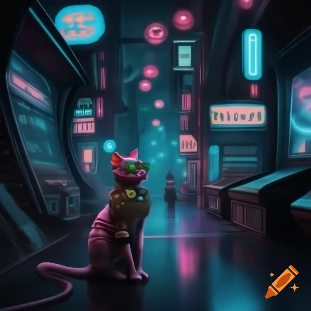 Steampunk cat with goggles in neon-lit cyberpunk street inspired by ...