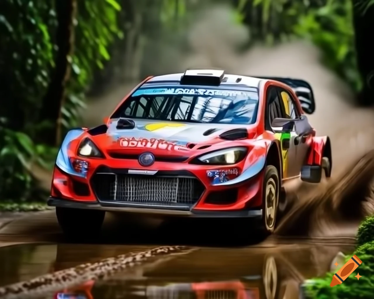 Rally race in jungle with cars splashing water and mud on Craiyon