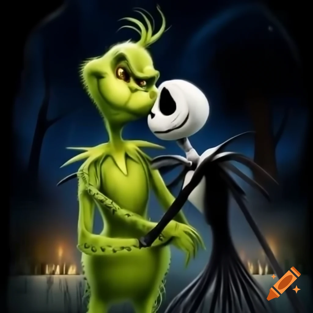Grinch kissing Jack Skellington in a festive scene on Craiyon