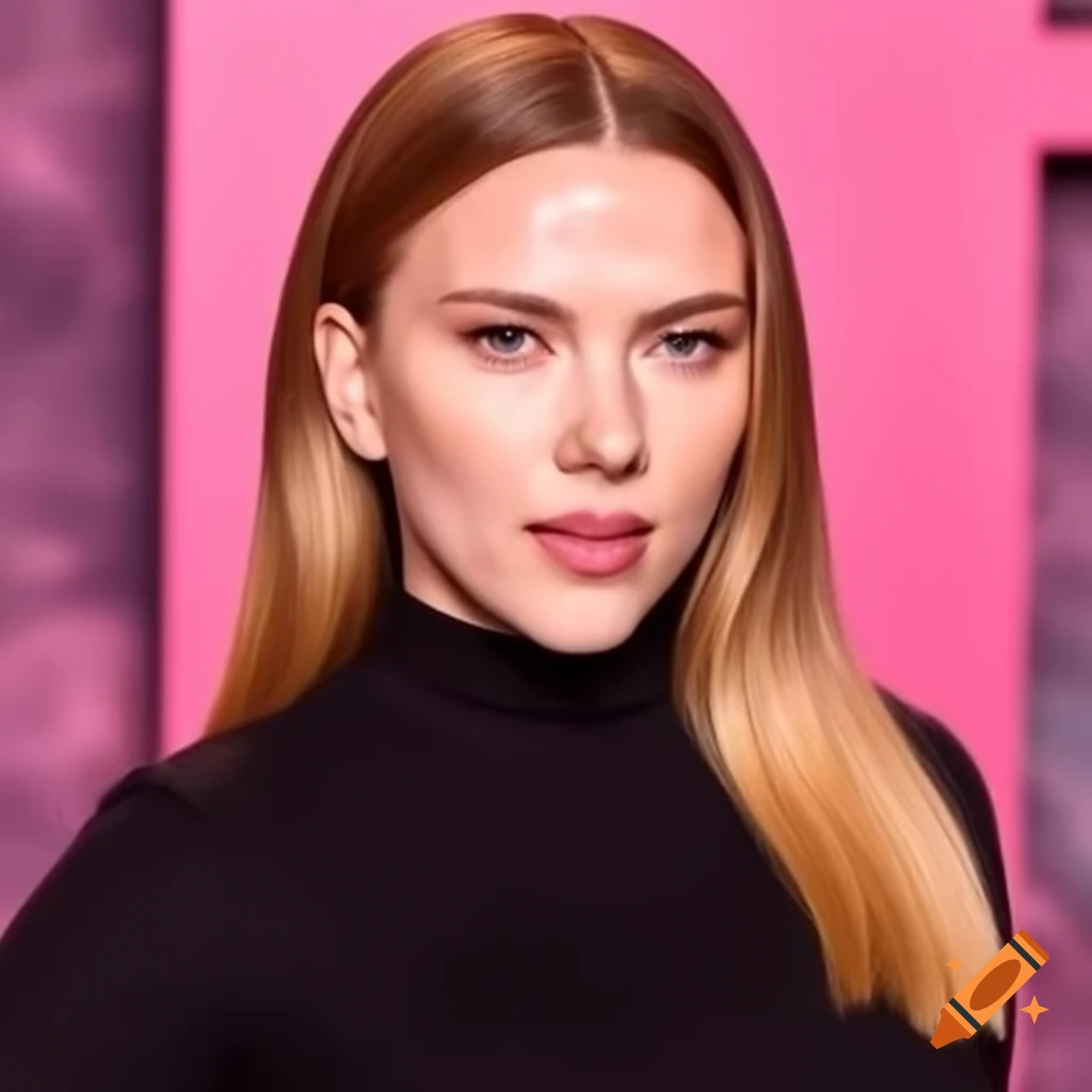 Scarlett johansson in black turtleneck top against hot pink backdrop on Craiyon