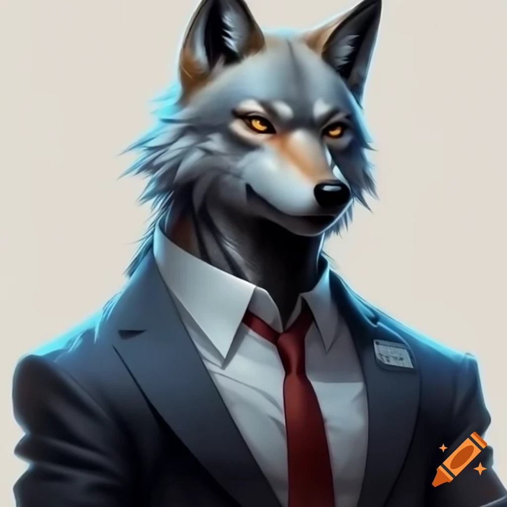 Anime style humanoid wolf character in a suit, medium build on Craiyon