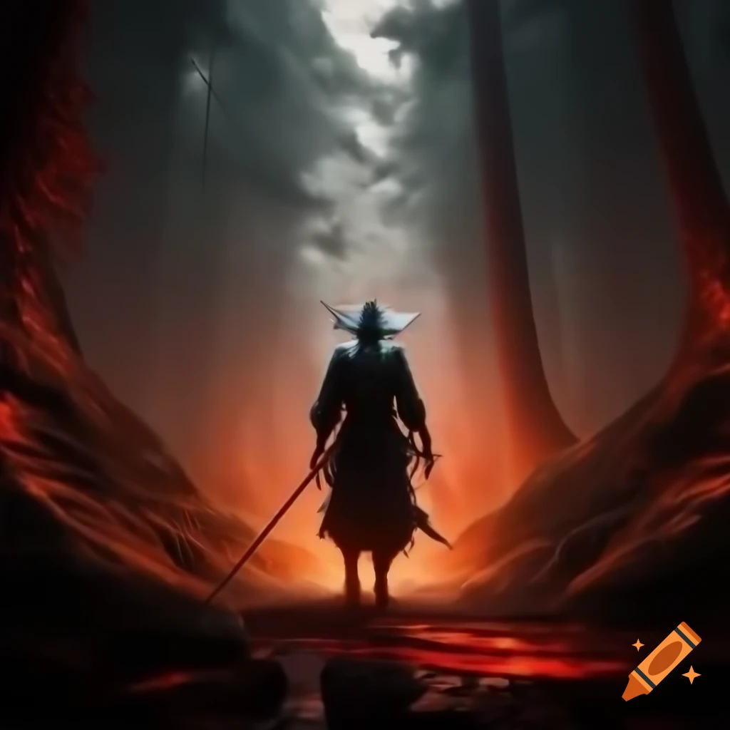 Spectral samurai emerging from shadowy forest with ethereal glow on Craiyon