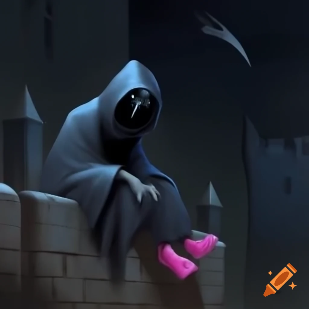 Cloaked figure resembling Grim Reaper resting on castle wall, moonlight ...