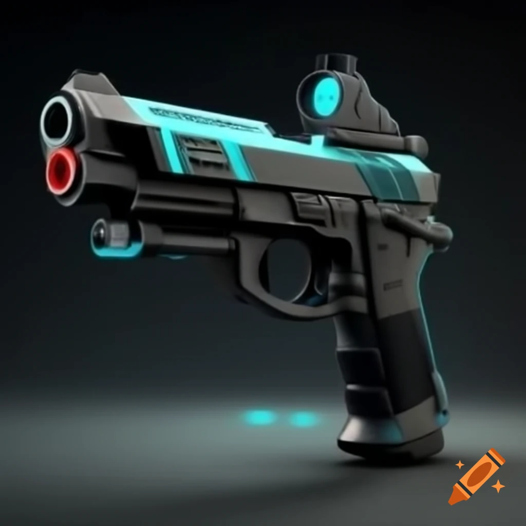 Tactical pistol with matte black steel body and cyan accents on Craiyon