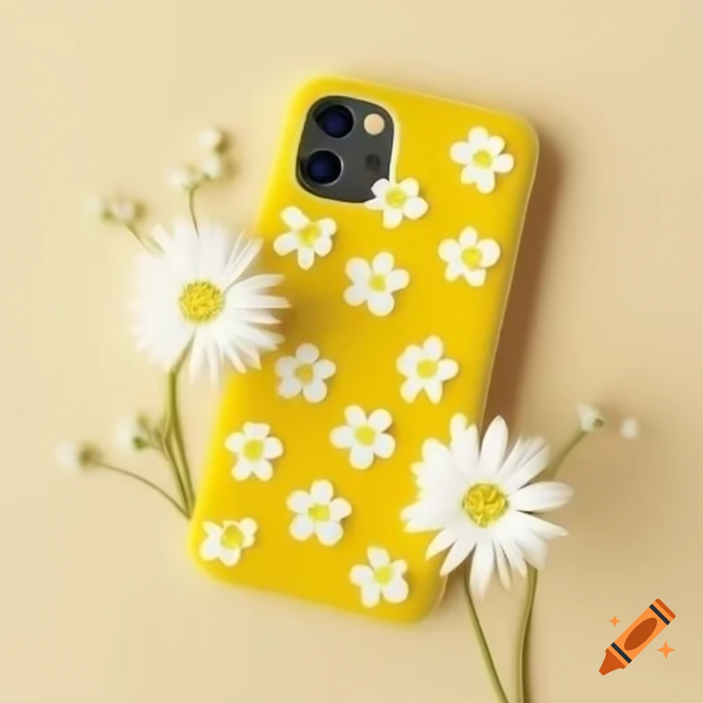 Yellow phone cover decorated with white flowers on Craiyon