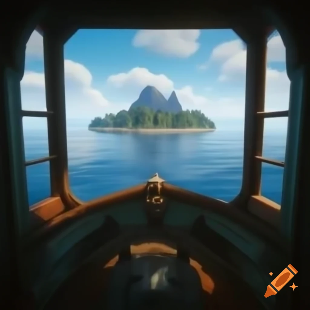 POV from ship of large island with trees and forest in background, semi ...