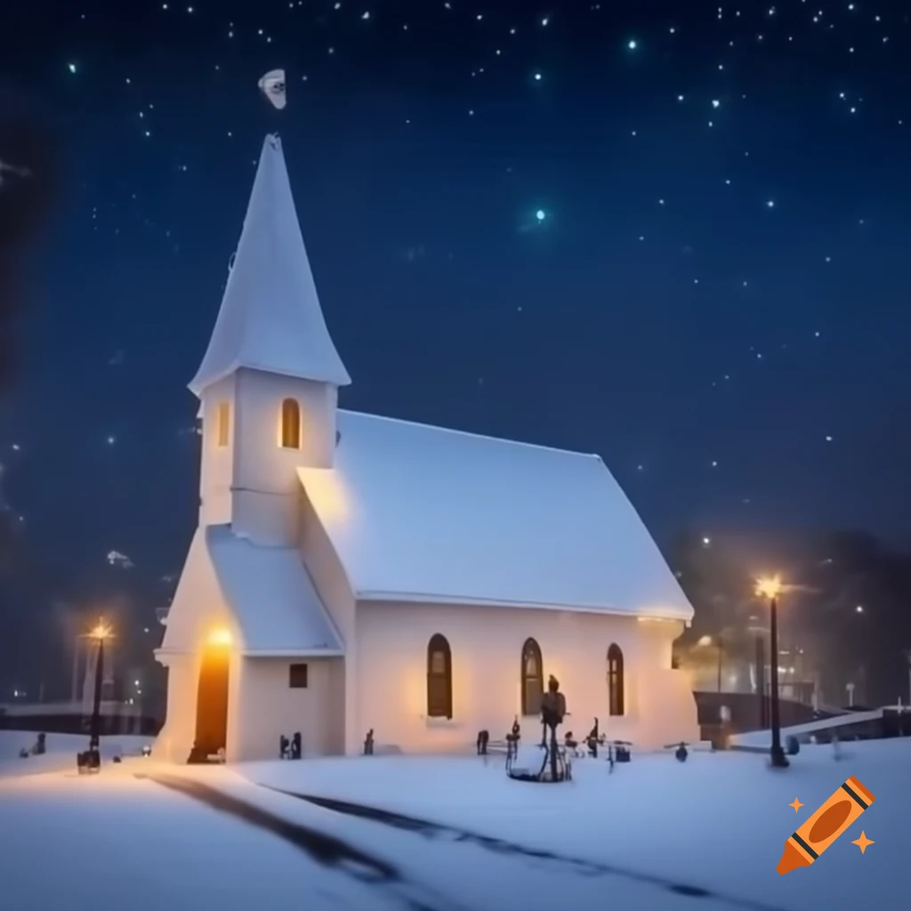 Snow-covered Christian church adorned with Christmas lights on Craiyon
