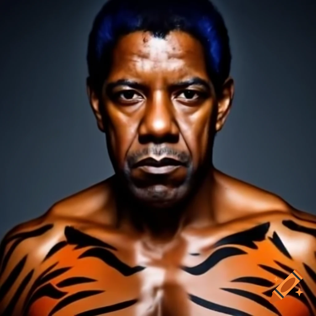 Muscular man with tiger-style makeup featuring blue hair and orange ...