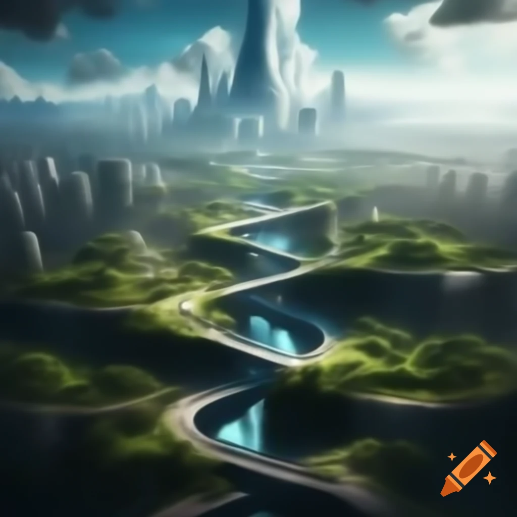 Imagined landscape of interconnected paths with busy cityscape and ...