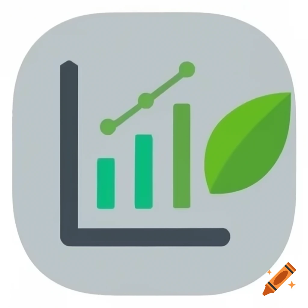 Icon for statistics app featuring grey bar graph and green leaf on Craiyon
