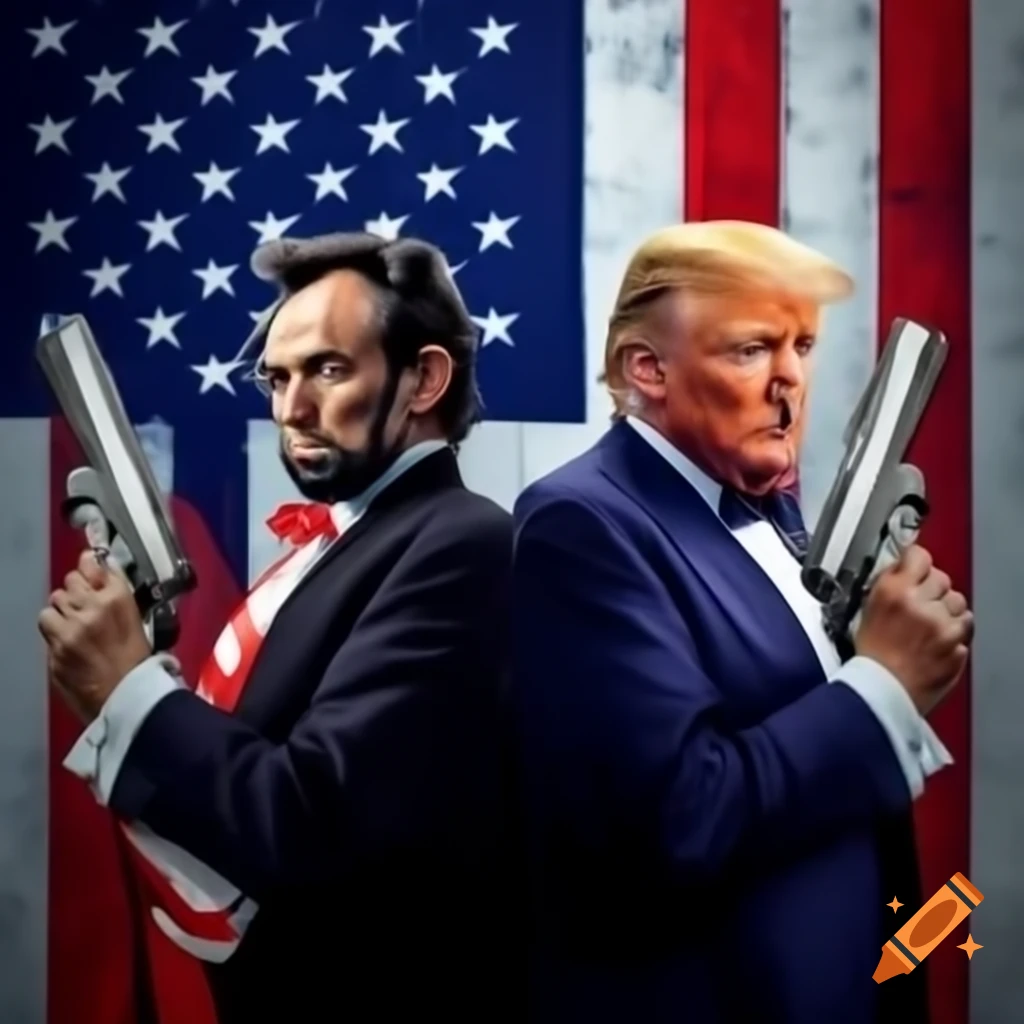 Daguerreotype of Abraham Lincoln and Donald Trump holding machine guns ...