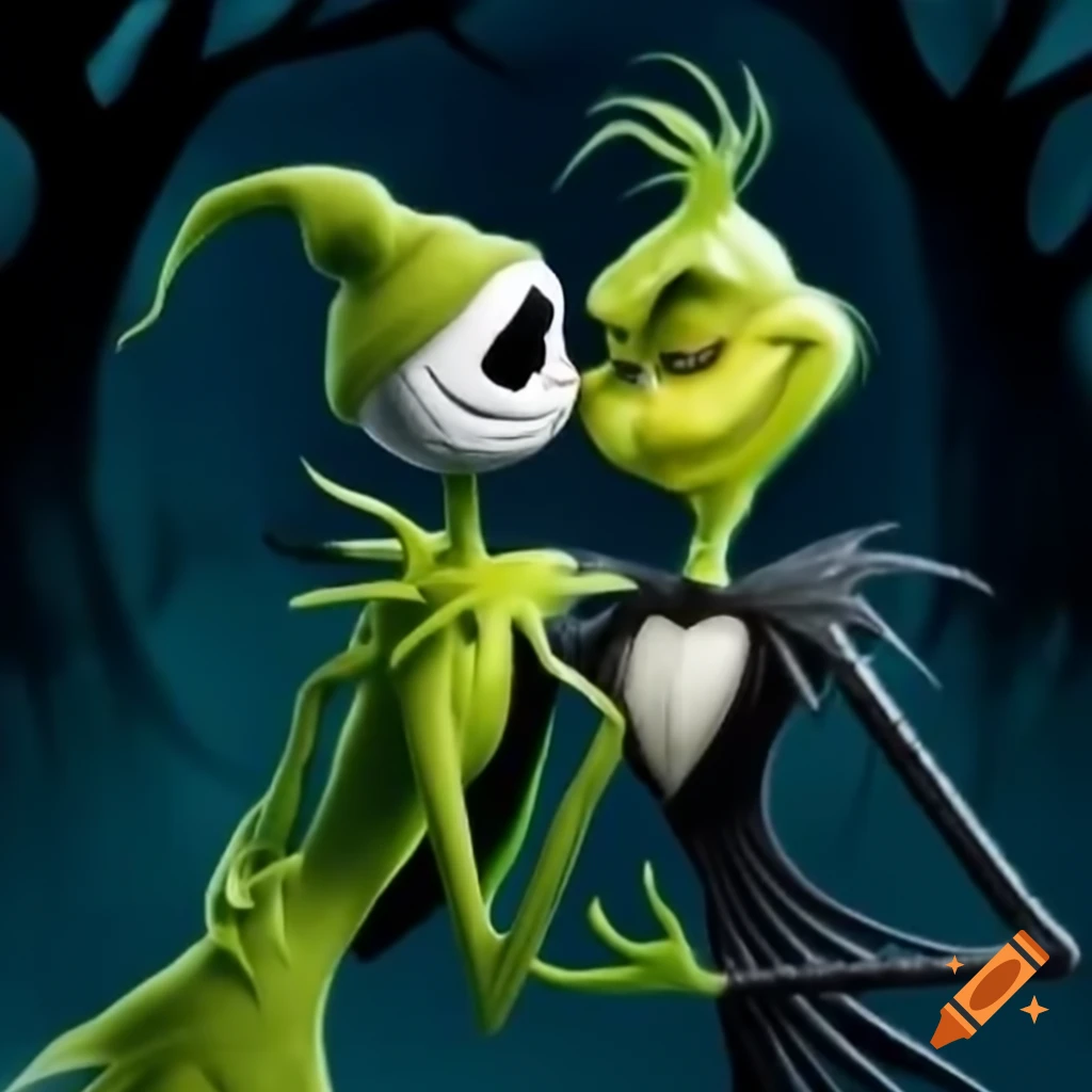 Grinch kissing Jack Skellington in a festive scene on Craiyon