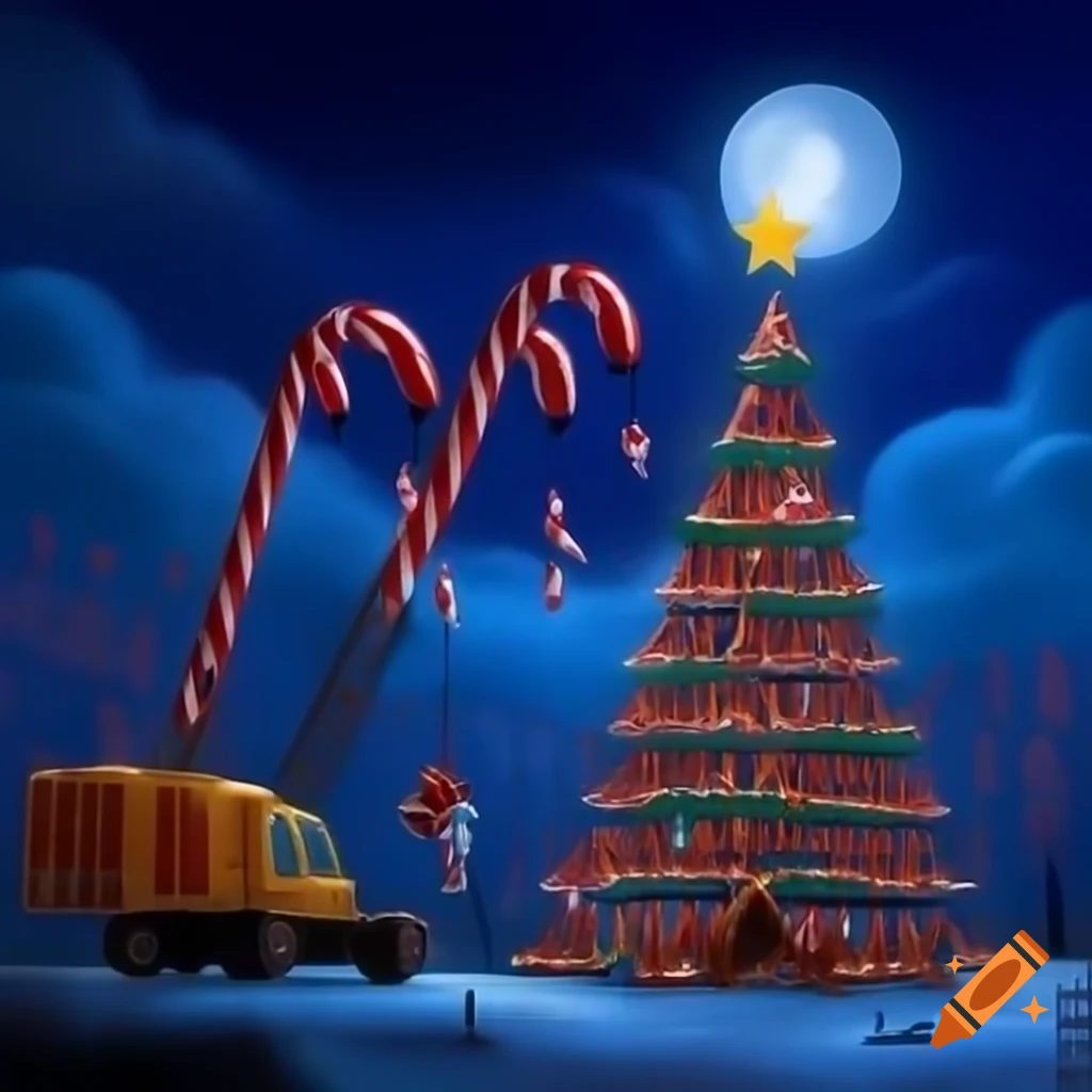 Candy cane crane lifting Christmas tree in whimsical holiday scene on ...