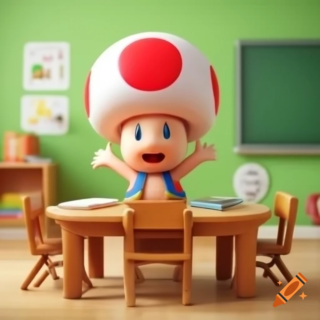 Mario and Toad in classroom with a teacher on Craiyon