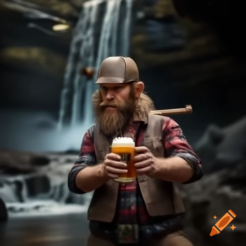 Lumberjack standing on waterfall with Heineken beer on Craiyon