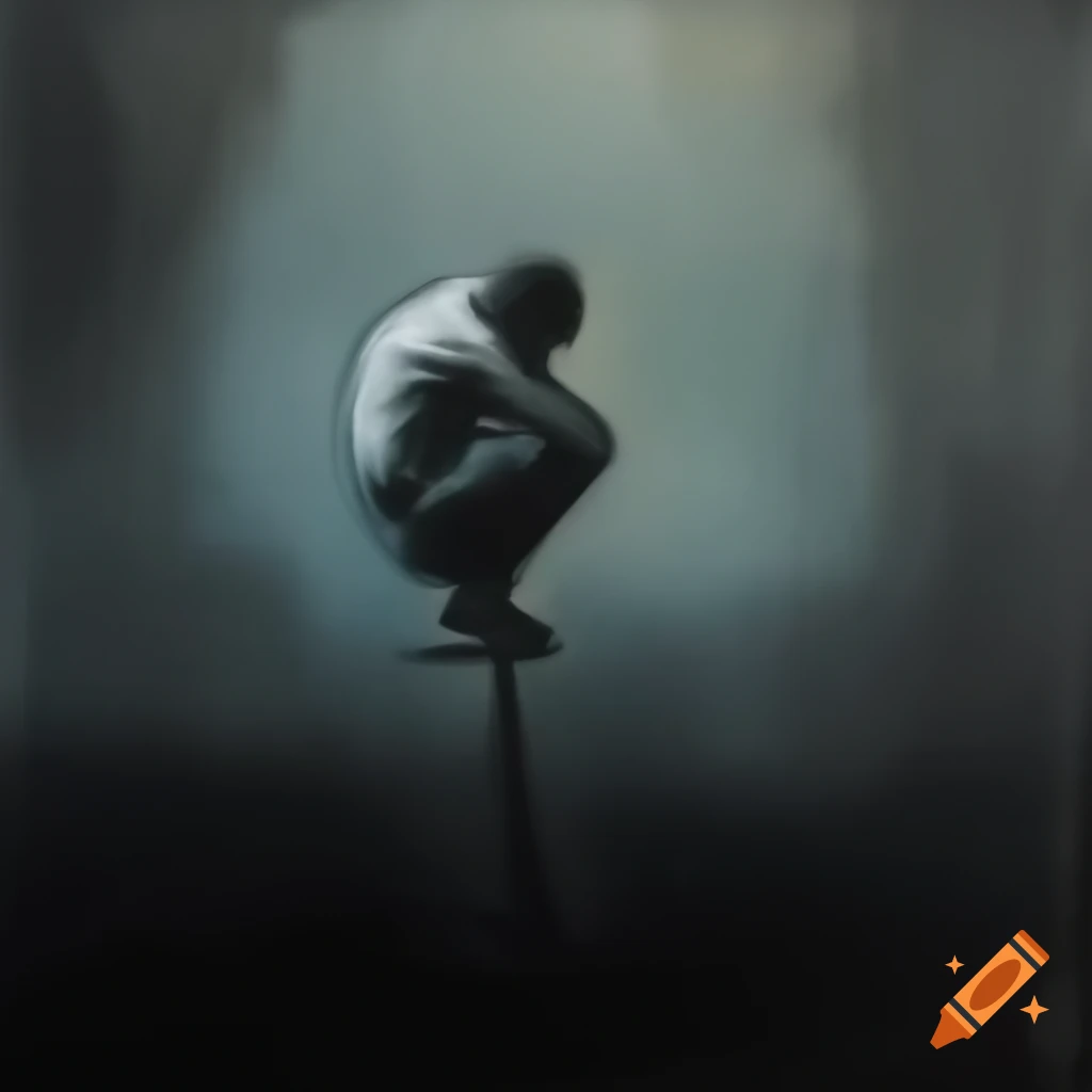 Solitary figure in hunched pose captured in abstract oil painting with ...