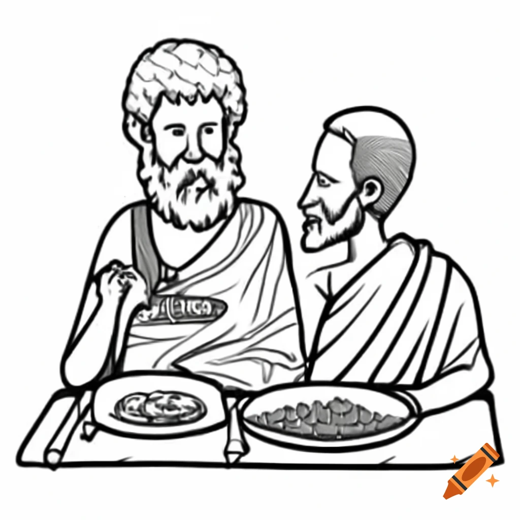 Plato and Aristotle dining together in black and white drawing on Craiyon