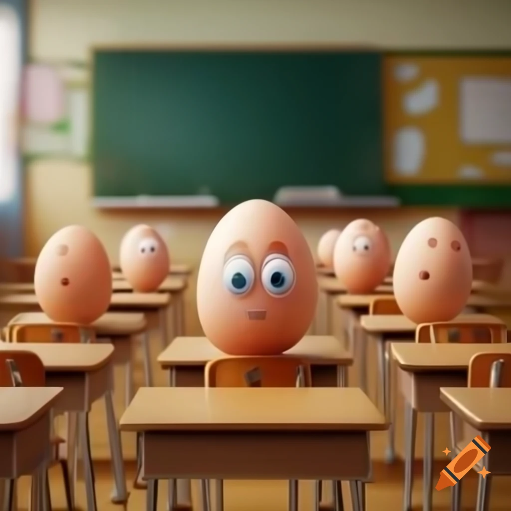 Animated eggs in classroom as students with accessories and soft blur ...