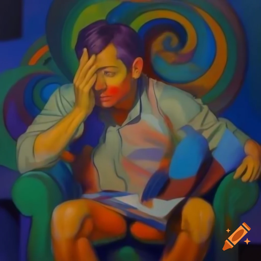 Colorful painting of a man in anguish with swirling geometric shapes on ...