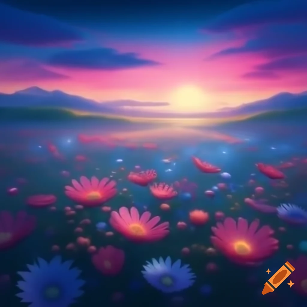 Vibrant mystical flower field with gradient sky and fireflies on Craiyon