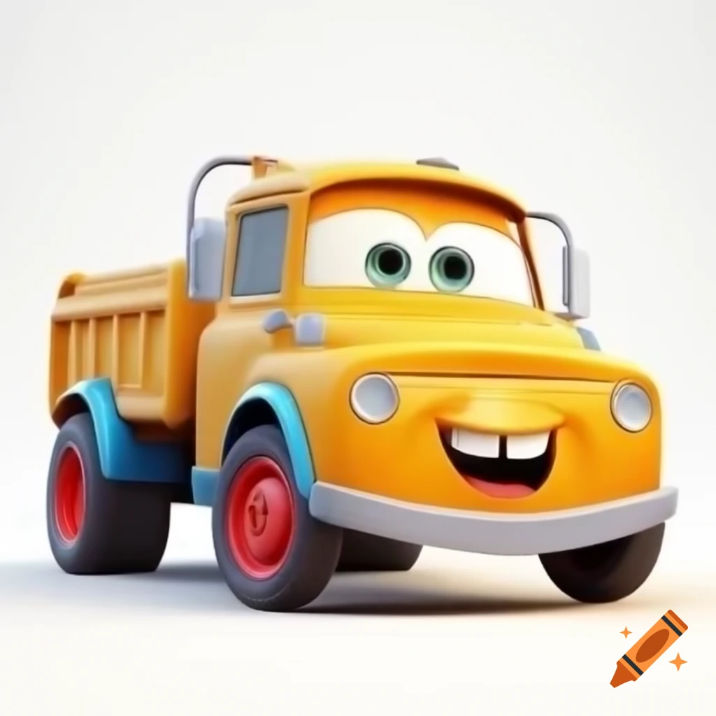 Cartoon yellow truck with eyes and mouth, half-turned style of cars on ...