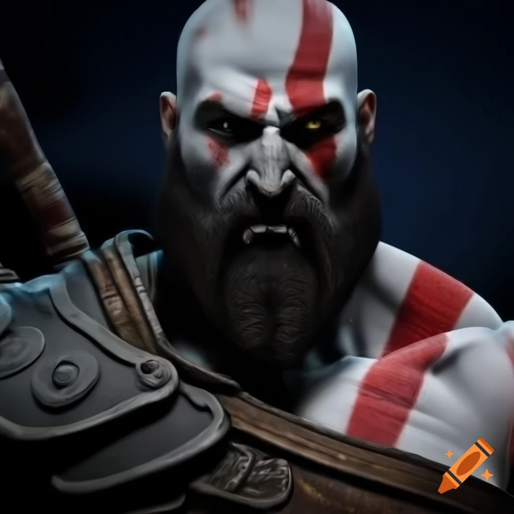 Kratos, character from God of War 3, in action pose on Craiyon