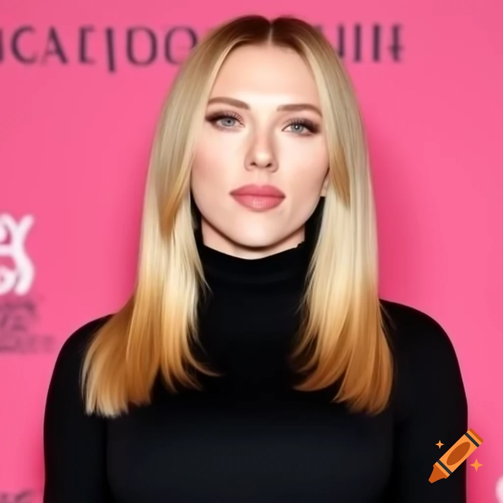 Scarlett johansson in black turtleneck top against hot pink backdrop on Craiyon