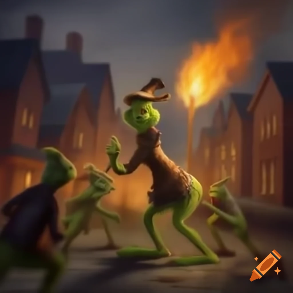 Whoville residents chasing the Grinch with pitchforks and fire on Craiyon