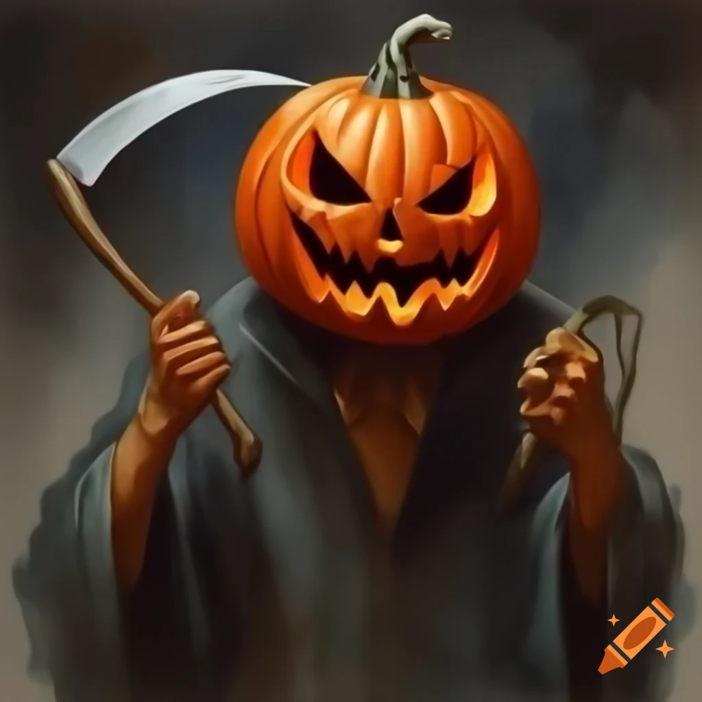 Horror-themed monster man with pumpkin head and sickle on Craiyon
