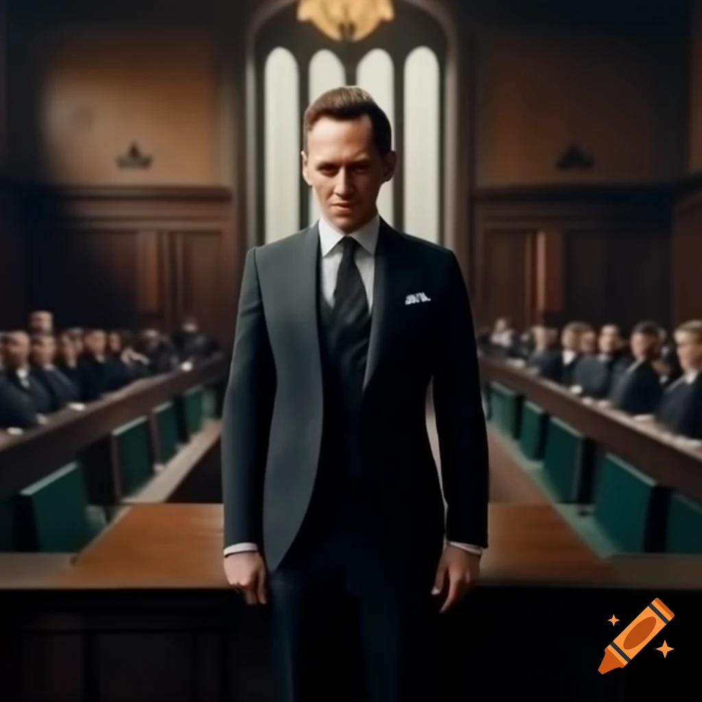 Dramatic courtroom scene with Tom Hiddleston addressing the jury in ...