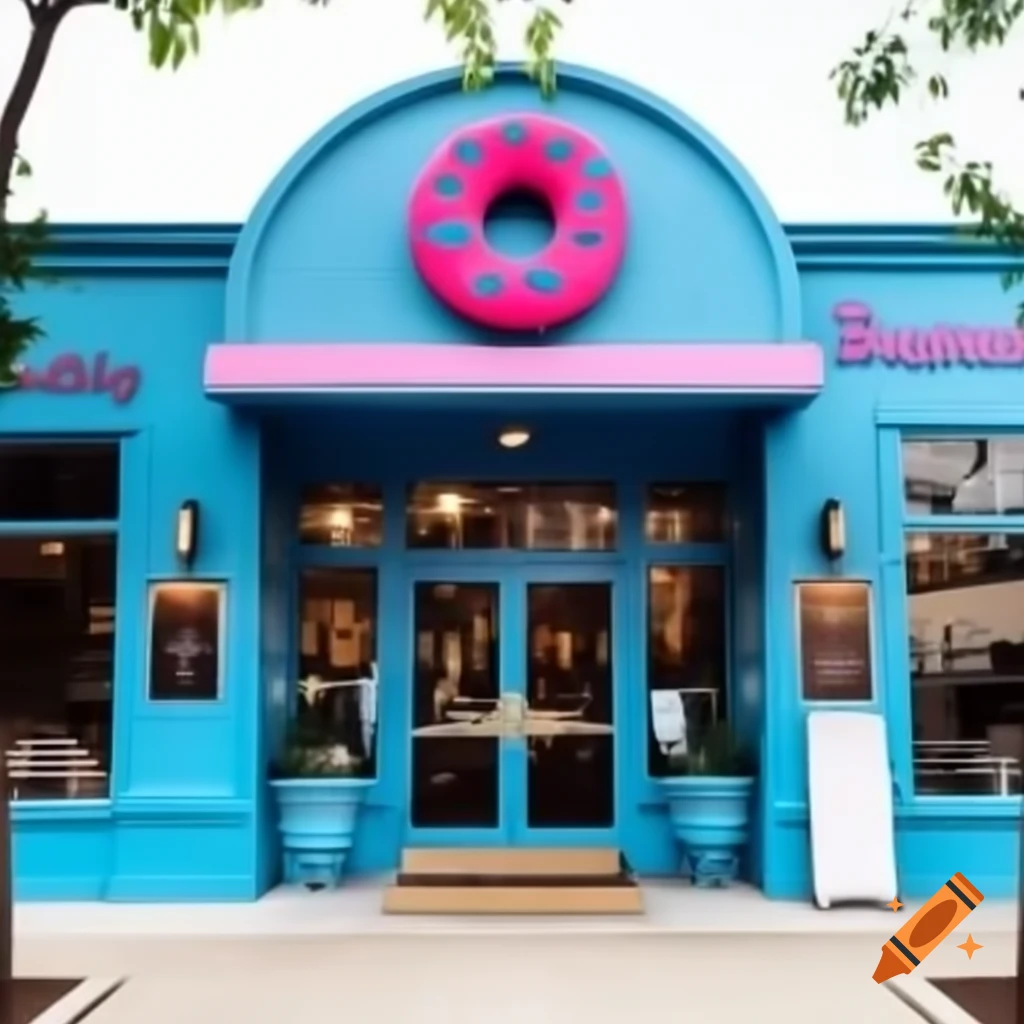 Entrance of donutto coffee shop with blue and pink signage on Craiyon