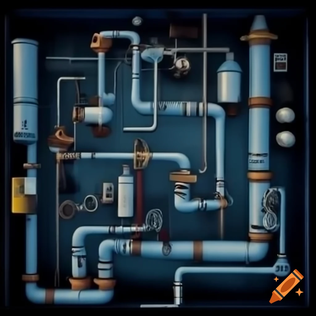 Detailed plumbing of swimming pool mechanical room with pipes and pumps ...