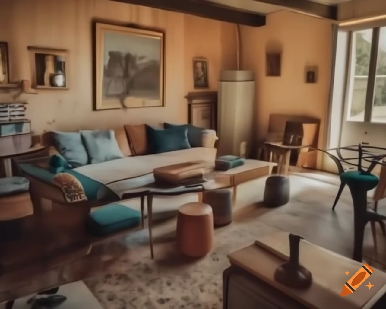 Room with two gray brick walls, one has a painting and table below it ...