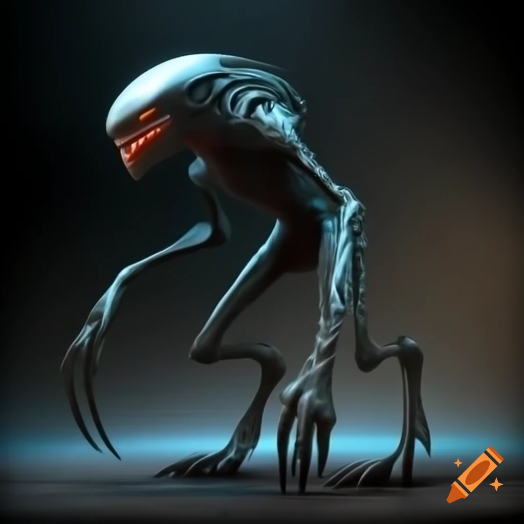 Sleek extraterrestrial creature with elongated black exoskeleton and ...