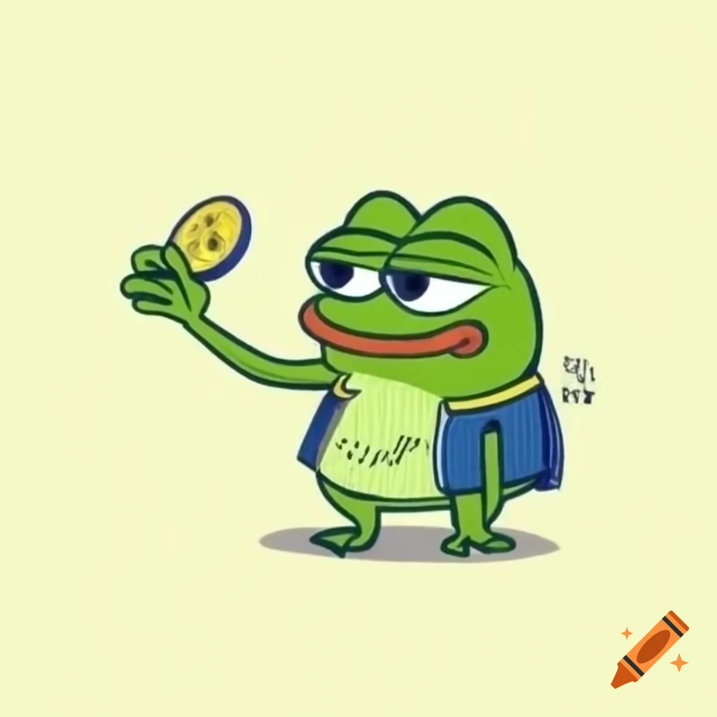 Pepe frog reaching for Solana token in cartoon style on Craiyon