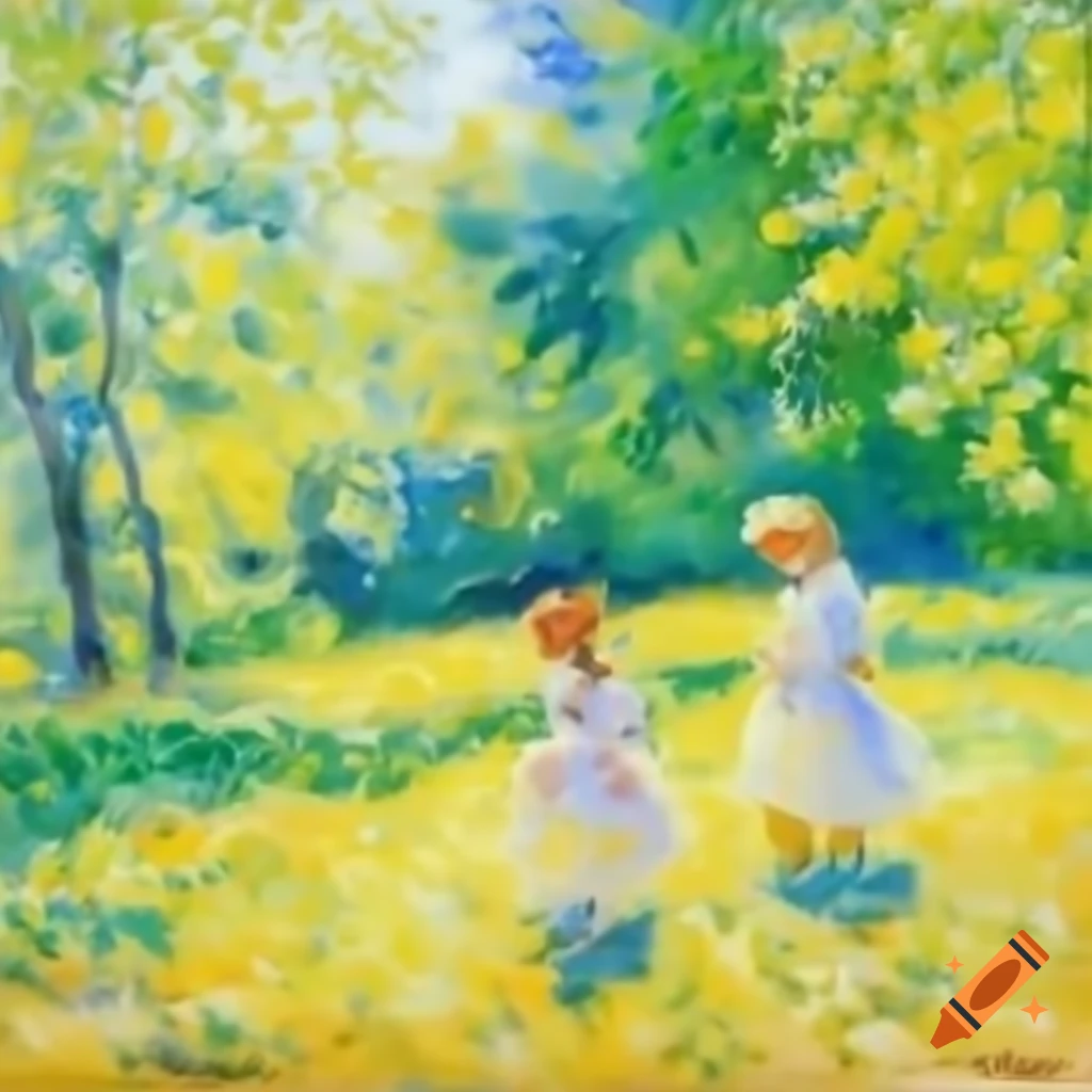 Impressionist painting of sunny spring day in park with people enjoying ...