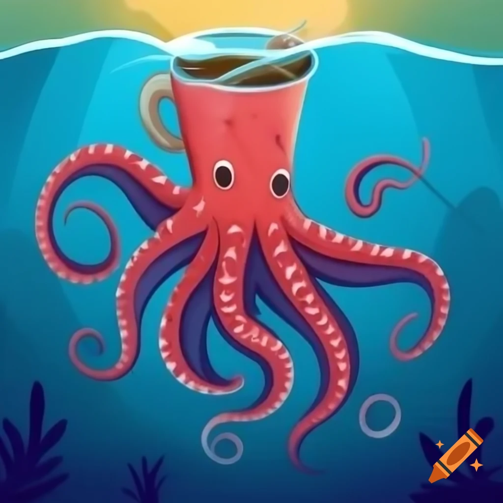 Octopus holding teabags and sipping tea from cup, whimsical underwater ...